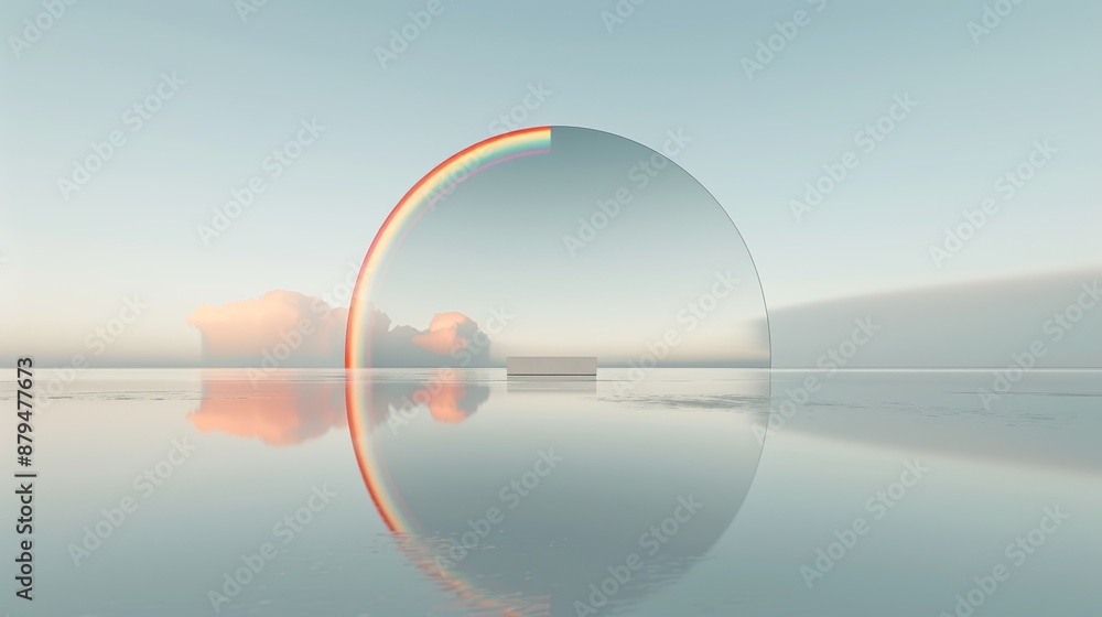 Rainbow reflections on a calm lake surface creating a magical scene of ...
