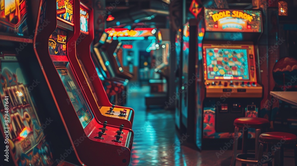 Brightly lit arcade hall with rows of vintage game machines, colorful screens illuminating the ...