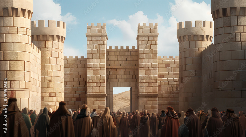 a bustling biblical city gate, watercolor effect, diverse crowd ...