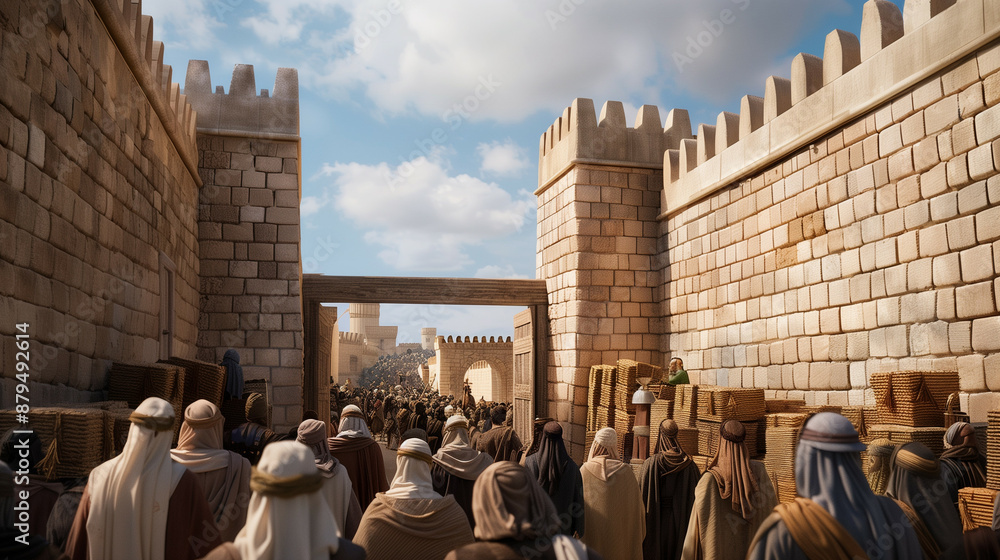 a bustling biblical city gate, watercolor effect, diverse crowd ...
