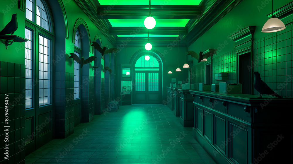 a surreal Halloween post office with ghost mail carriers, floating ...