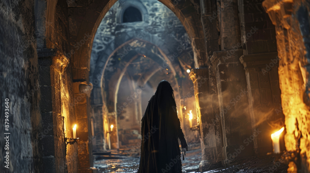 Phantom figure in tattered robes, gliding through a medieval castle ...