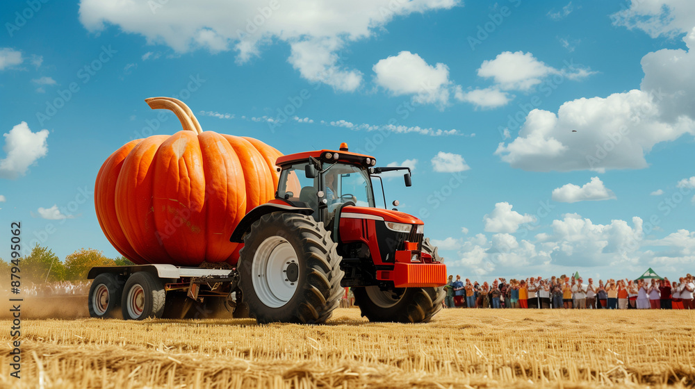 Farmer driving a tractor with a giant pumpkin on a trailer, rural ...
