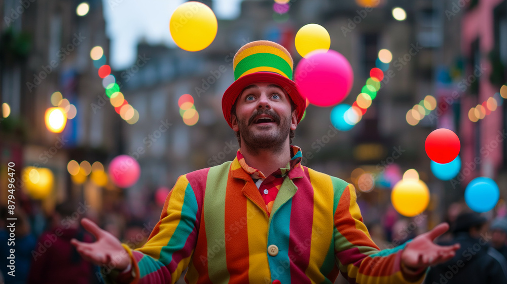 Street performer in colorful attire juggles glowing orbs during ...
