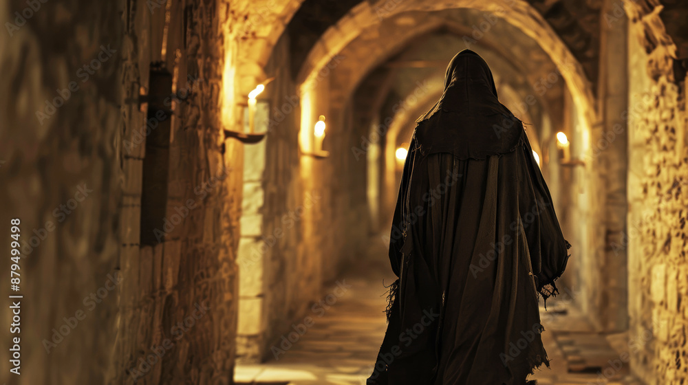 Phantom figure in tattered robes, gliding through a medieval castle ...