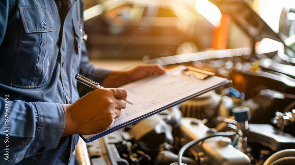 Mechanic Conducting Vehicle Inspection and Maintenance with Clipboard ...