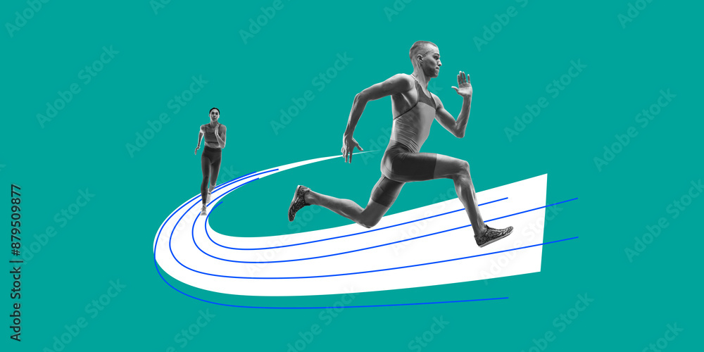 Two runners on stylized cyan and white tracks, emphasizing speed ...