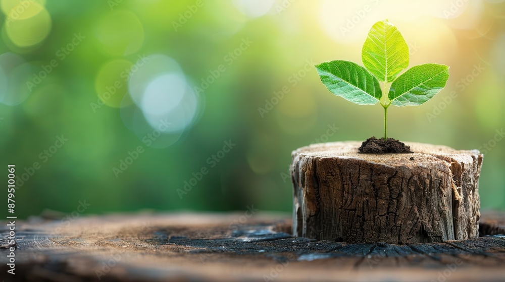An ancient tree stump with a fresh, green plant emerging from its top ...