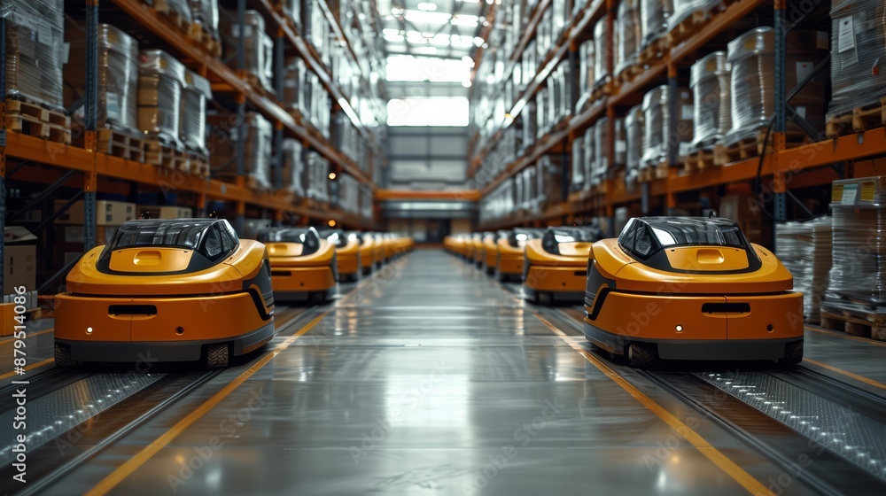 An industrial warehouse filled with automated guided vehicles (AGVs ...