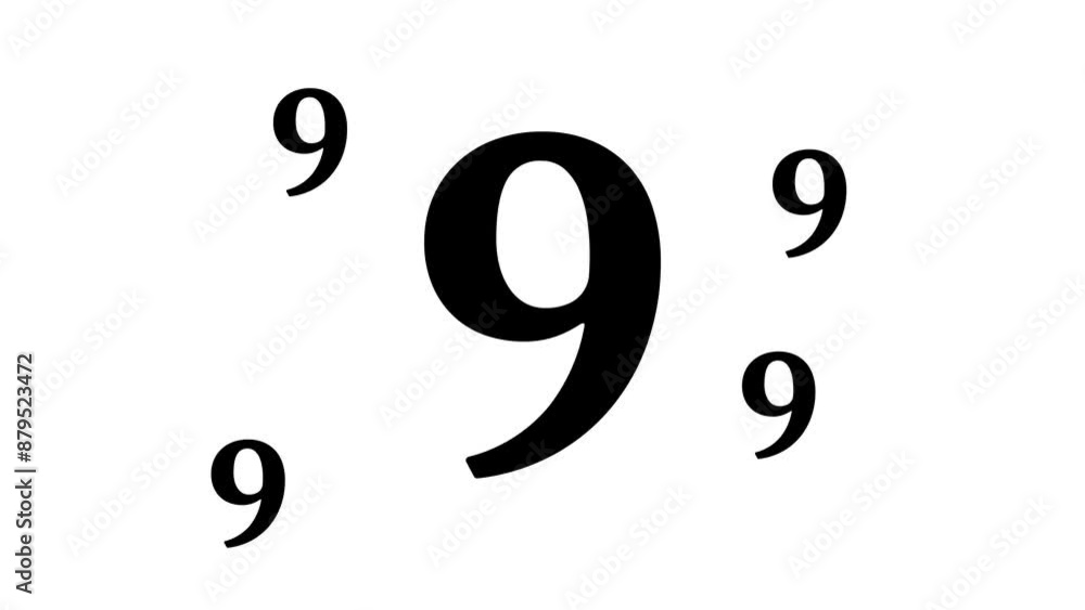 Zoom in and out animation the number nine symbol. Large black symbol in the center and four ...