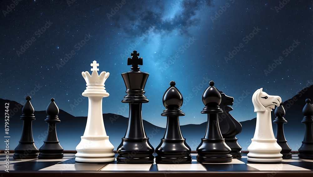 International chess day, chess pieces on a board in front of a starry ...
