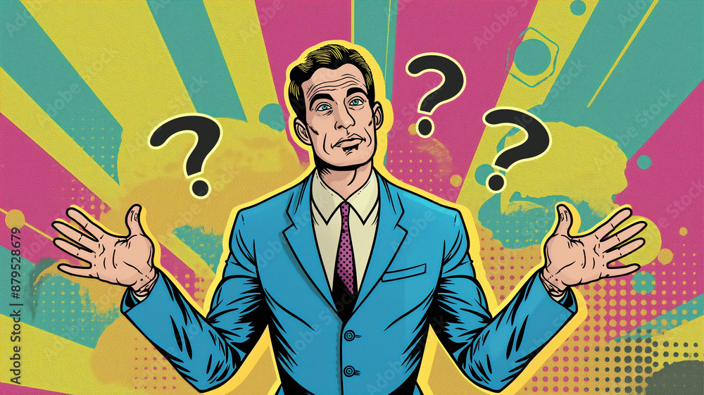 Pop art Business concept. Question mark icon above the businessman's ...