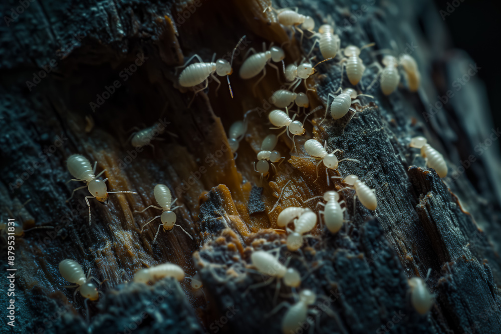 Group of the small termite on decaying timber. The termite on the ...