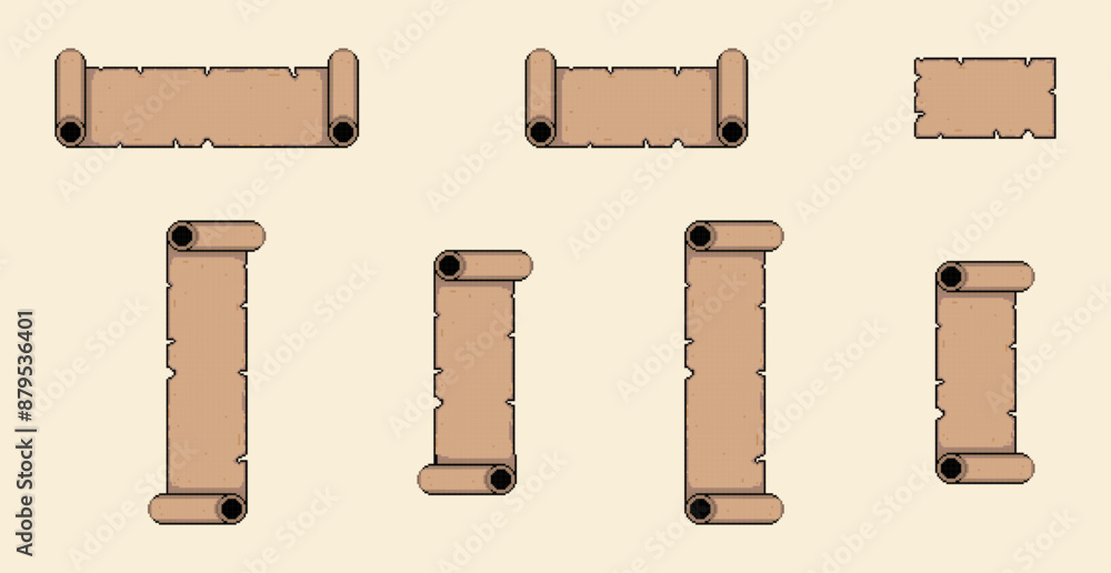 Manuscript template set. Pixel art scroll vector set. blank paper sheet ...