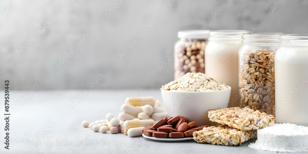 Bodybuilding supplement display with whey protein granola bar amino ...