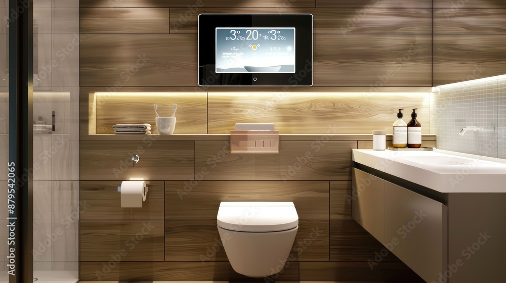 A contemporary bathroom with a smart mirror that displays the time and ...