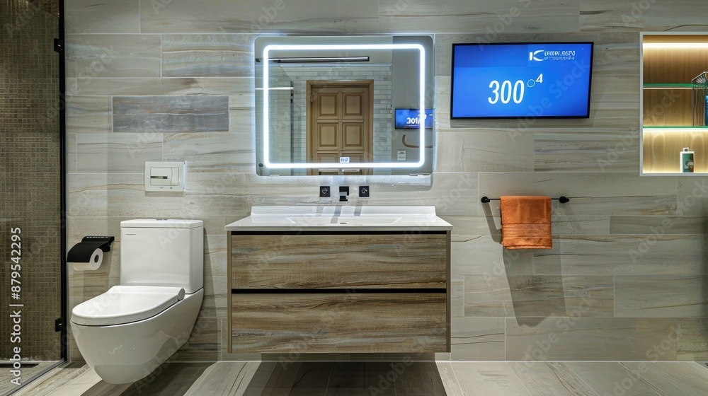 A contemporary bathroom with a smart mirror that displays the time and ...