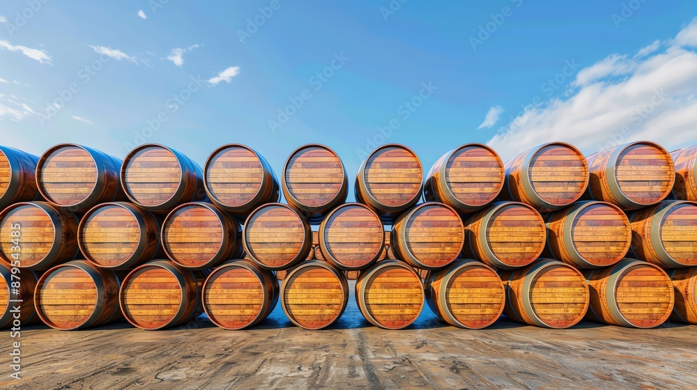 Stacked crude oil barrels in a storage yard, industrial setting, crude ...