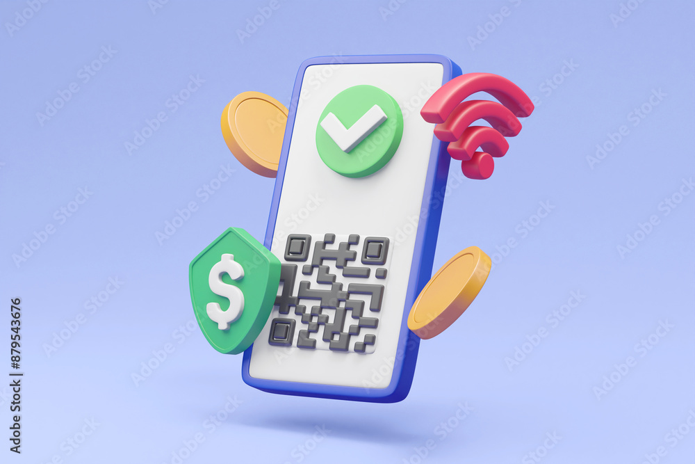 A detailed 3D render illustrating the convenience and security of making payments through QR ...
