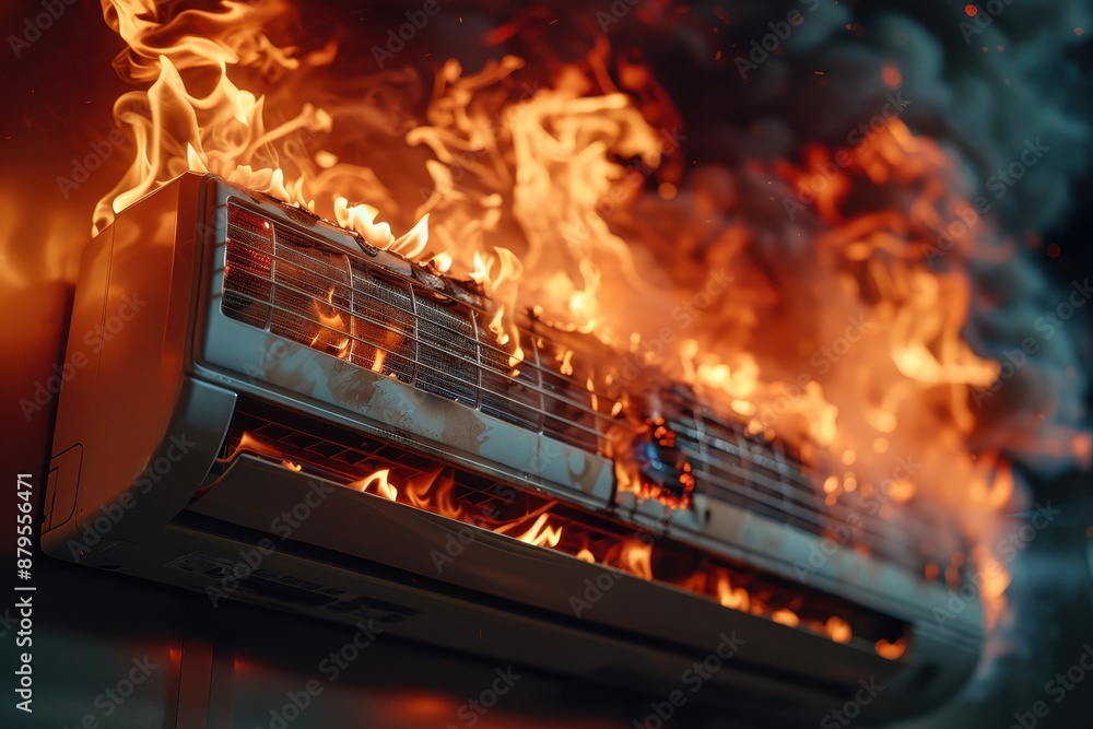 Air conditioner unit engulfed in flames, emitting thick smoke ...