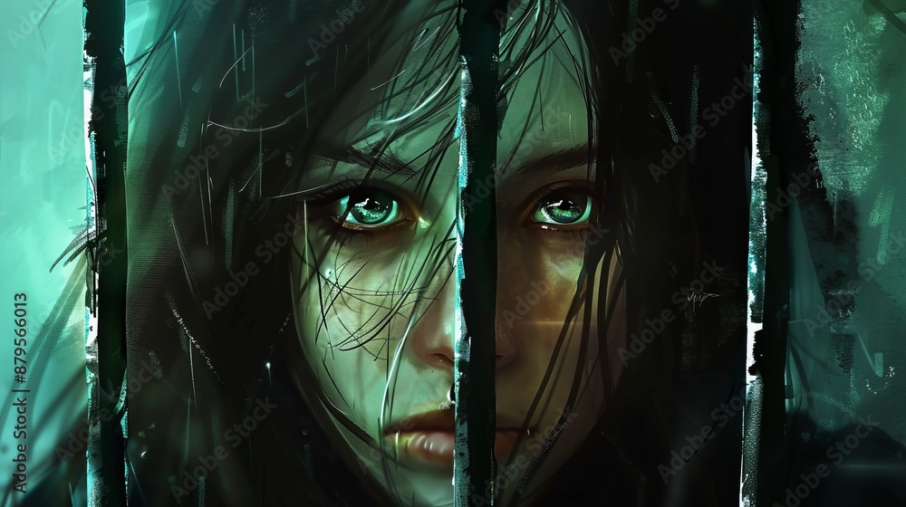 An evocative painting depicts a woman behind bars, her intense green ...