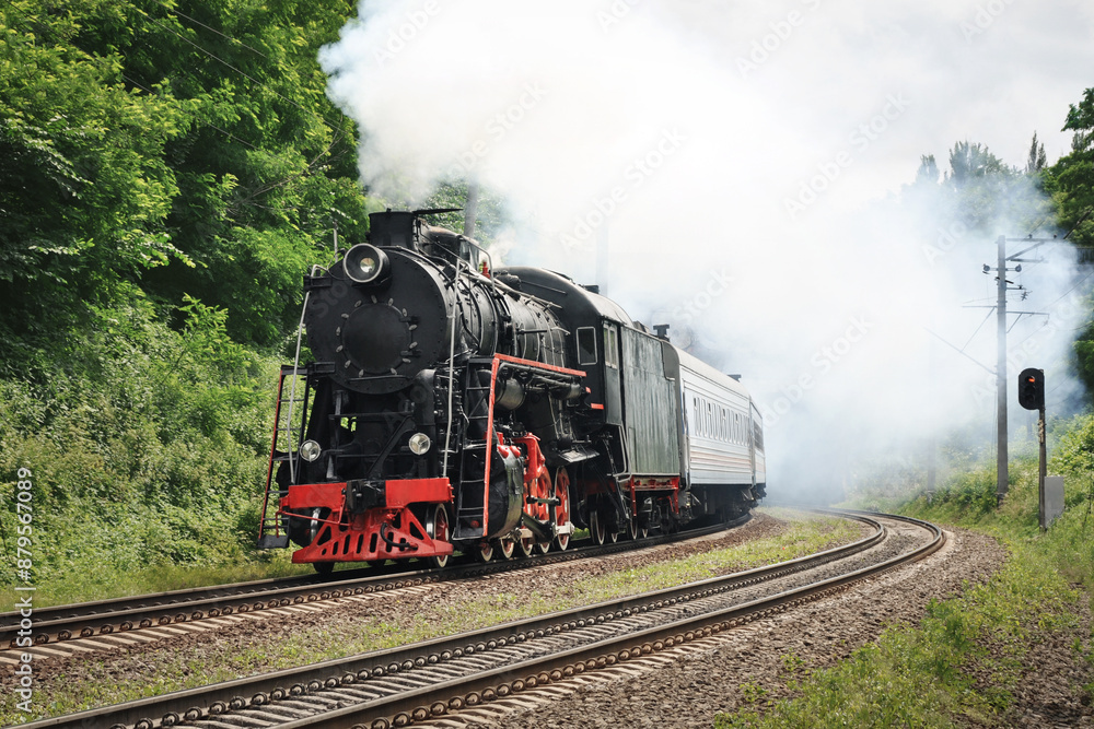 Old steam engine locomotive driving by in a green forest. Black vintage ...