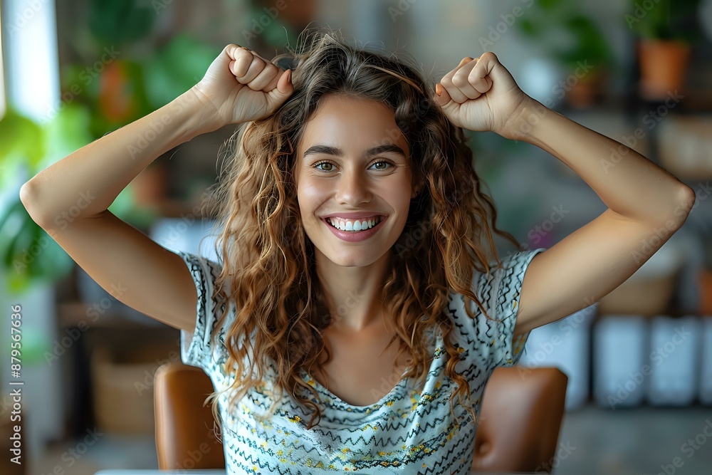 Excited woman celebrating with her arms raised in a bright, plant ...