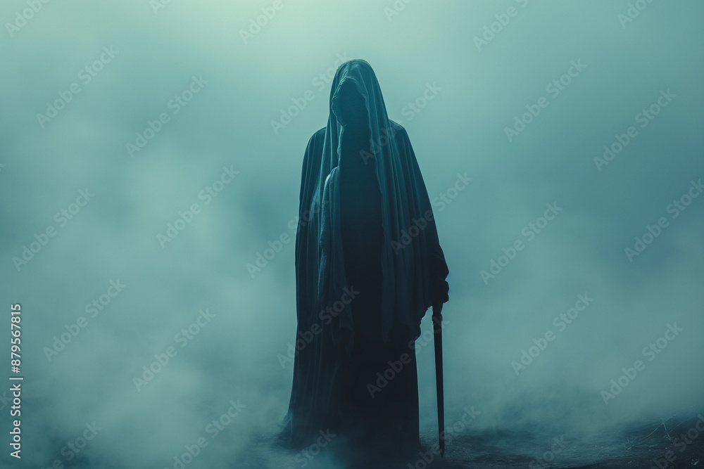 Grim Reaper death ghost with a scythe in the mist, silhouette ghost ...
