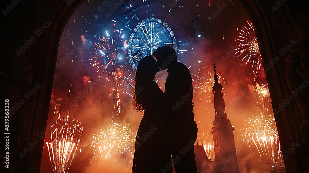 First Kiss of the Year, Silhouette of a couple sharing a romantic kiss ...