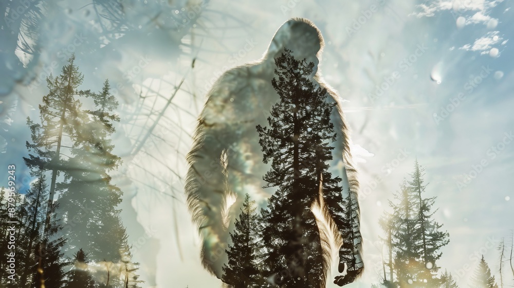 A giant figure obscurely visible behind the mystical forest, creating ...