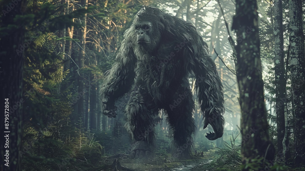 This image depicts a giant ape-like creature standing in a dense forest ...