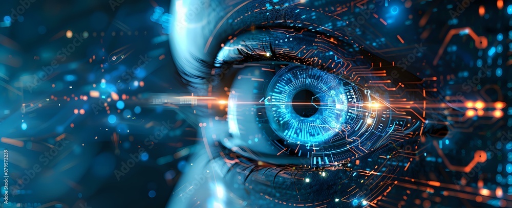 A high-tech eye with digital enhancements and glowing details, ideal ...