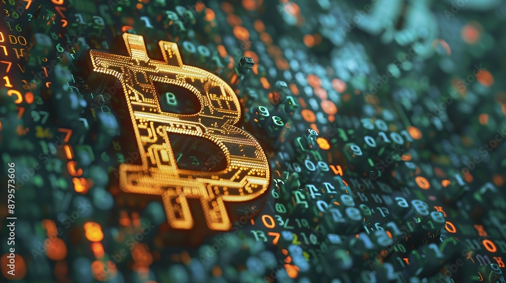 A dynamic image featuring a glowing Bitcoin logo amidst a detailed digital matrix background ...