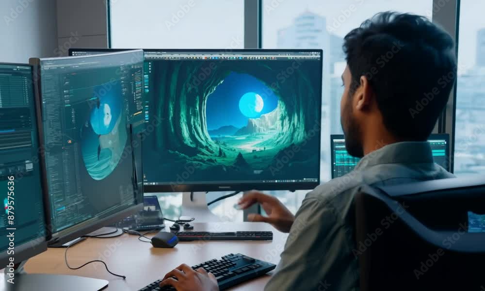Indian Male Game Designer Using Desktop Computer With 3D modelling ...