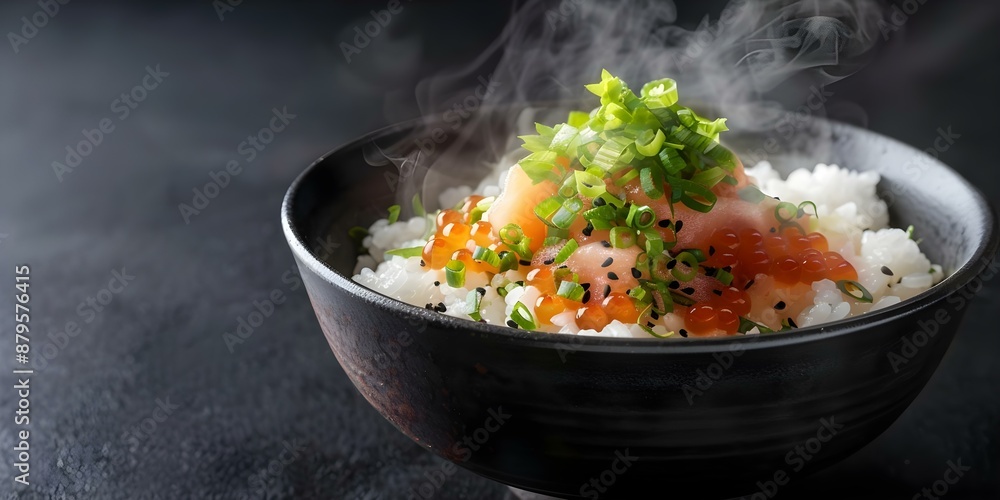 Japanese rice bowl topped with furikake and caviar served steaming hot ...