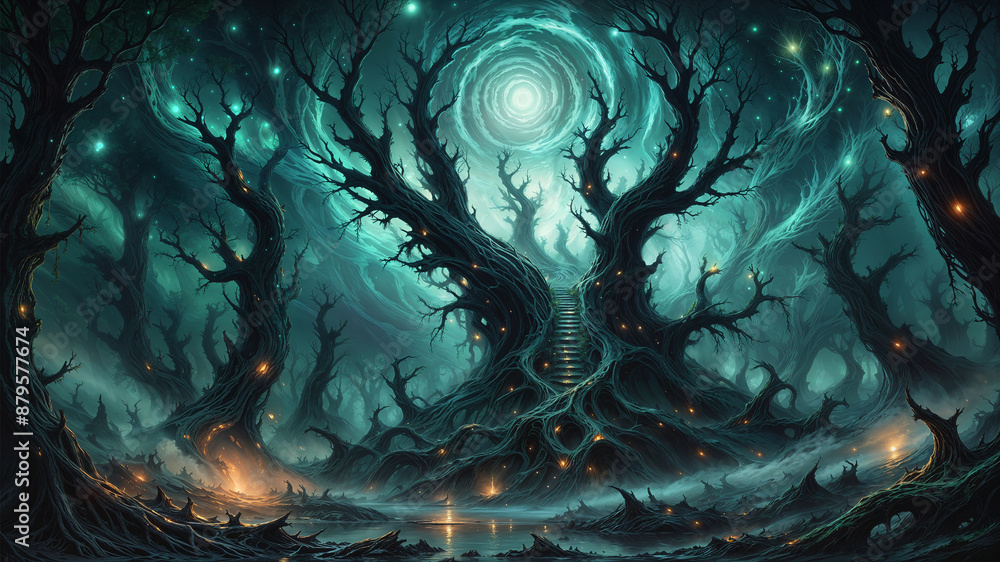 Ancient mythical oak tree of life with towering tall branches and steps ...