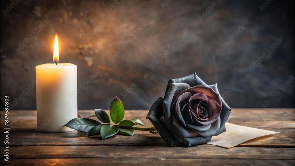 Elegant, somber still life of a black rose, candle, and condolence card ...