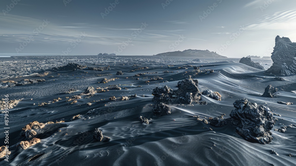 The eerie beauty of a volcanic ash desert, where black sands stretch to the horizon, interrupted ...