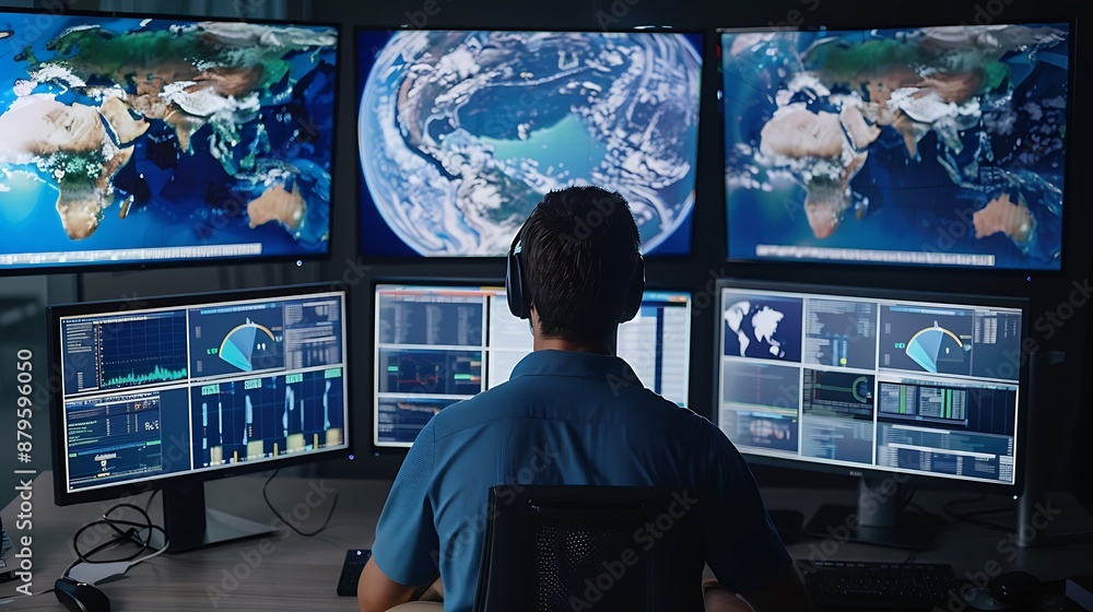 a meteorologist analyzing weather patterns on multiple monitors, with satellite images and ...