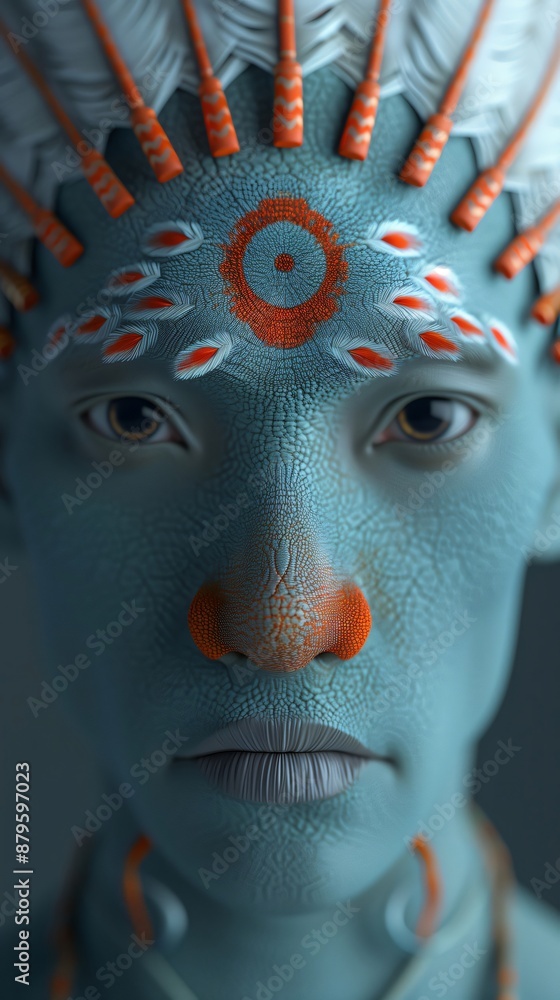 Blue alien with textured skin is posing with orange and white ...
