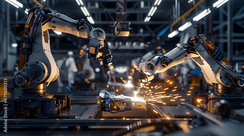 Futuristic car part production line powered by robotic welding and ...
