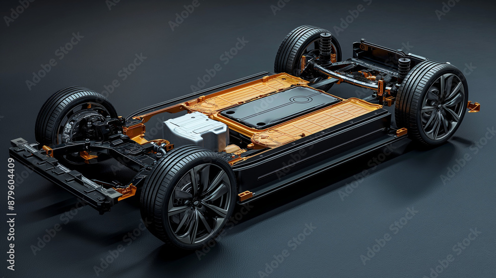This photo features an electric car chassis on a black background, with ...