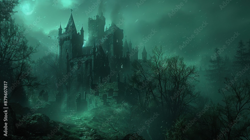 Dark haunted castle hidden in a sinister forest, shadows stretching ...
