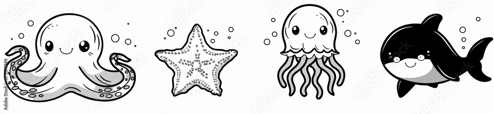 Cute Sea Animals Coloring Pages for Kids - Octopus, Jellyfish, Starfish ...