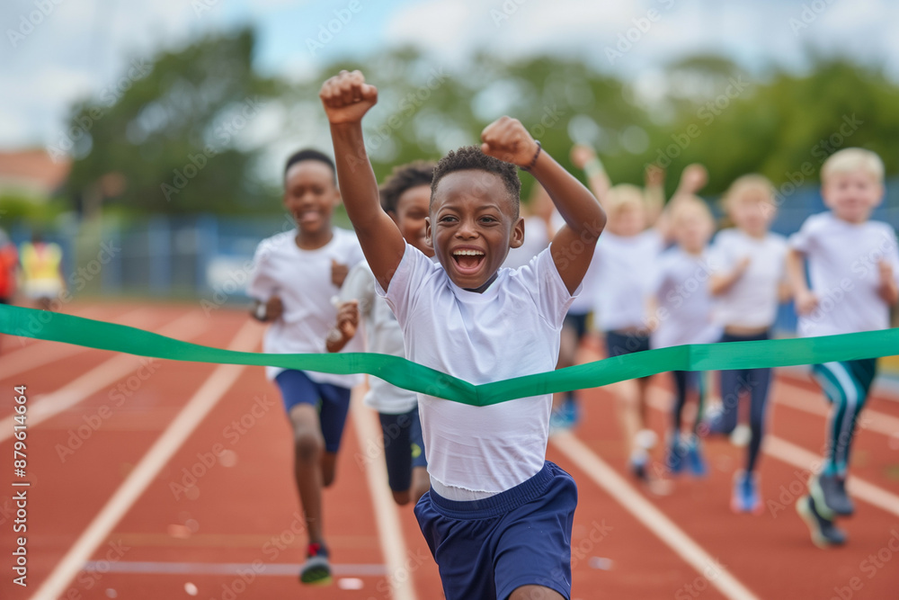 Young Boy Triumphantly Crossing the Finish Line with Arms Raised ...
