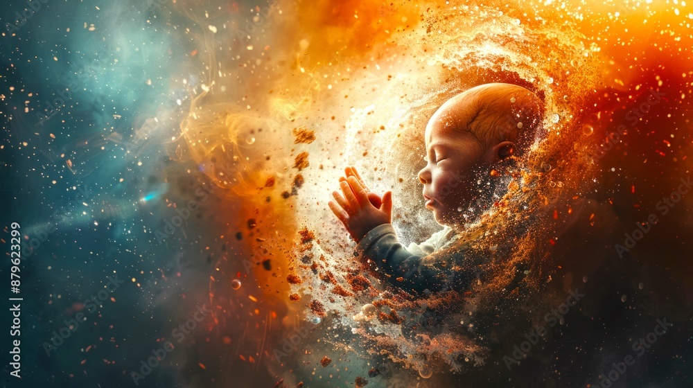 Cosmic birth concept ai generated image. Baby floating in colorful ...