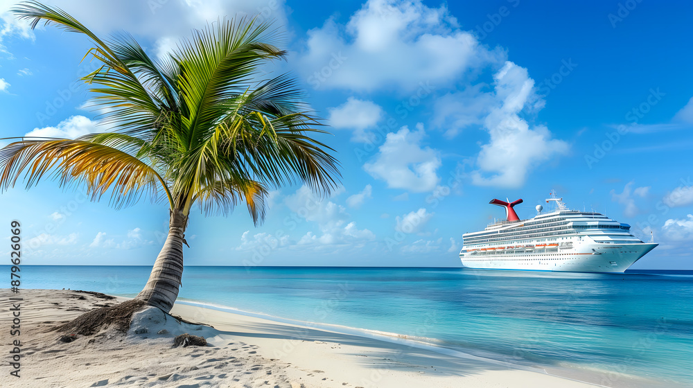 Une plage avec un palmier et un bateau de croisière sur une mer calme ...