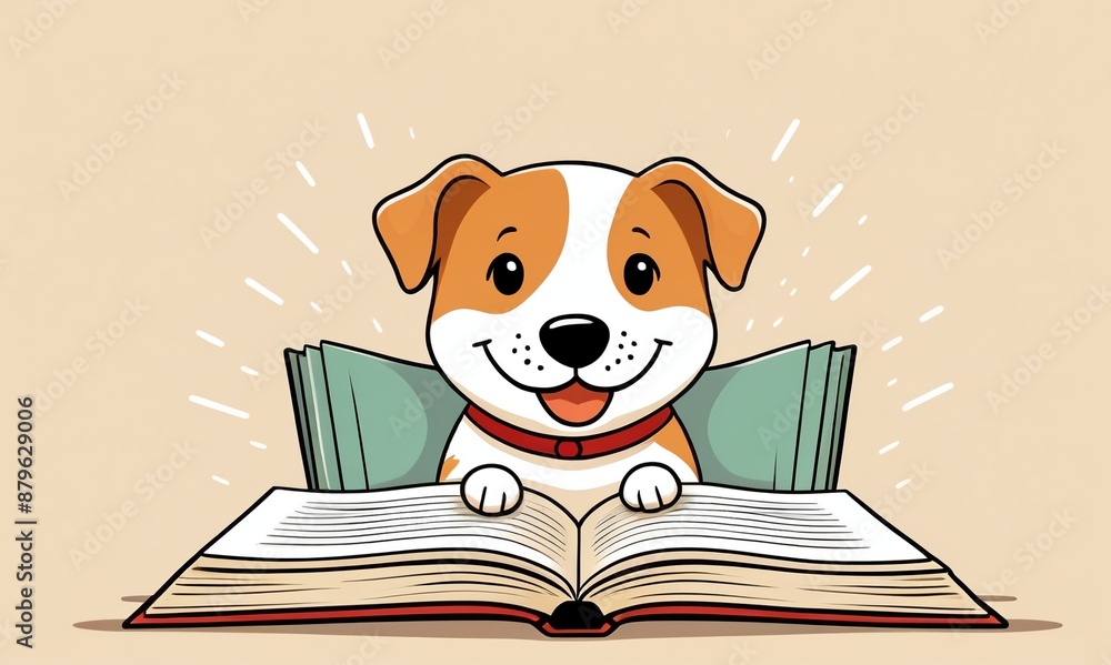 Illustration of cute smiling dog study with textbook on pastel beige ...