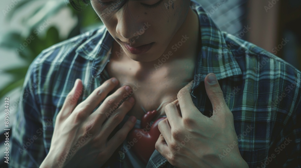 hand hold chest with heart attack symptoms, man have chest pain caused ...