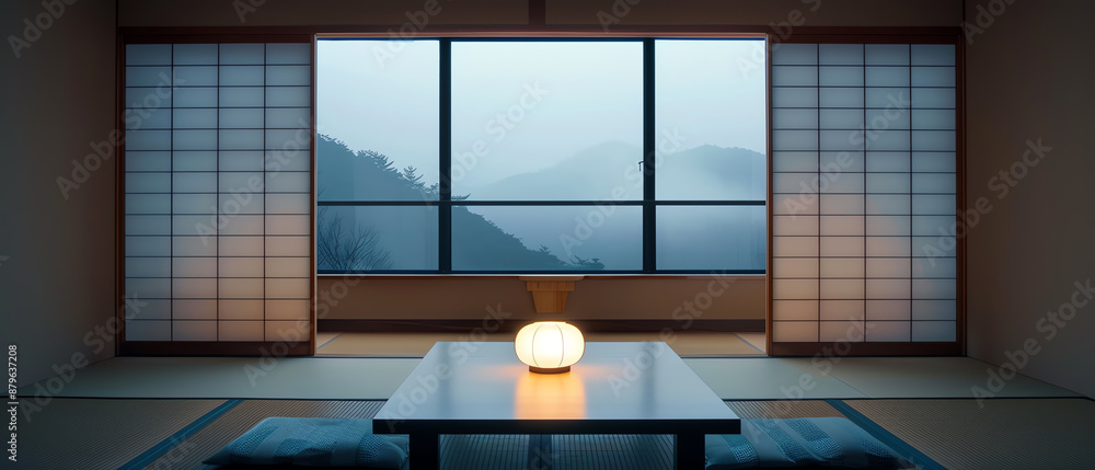 Japanese dining room with a chabudai table, zabuton cushions, and rice ...